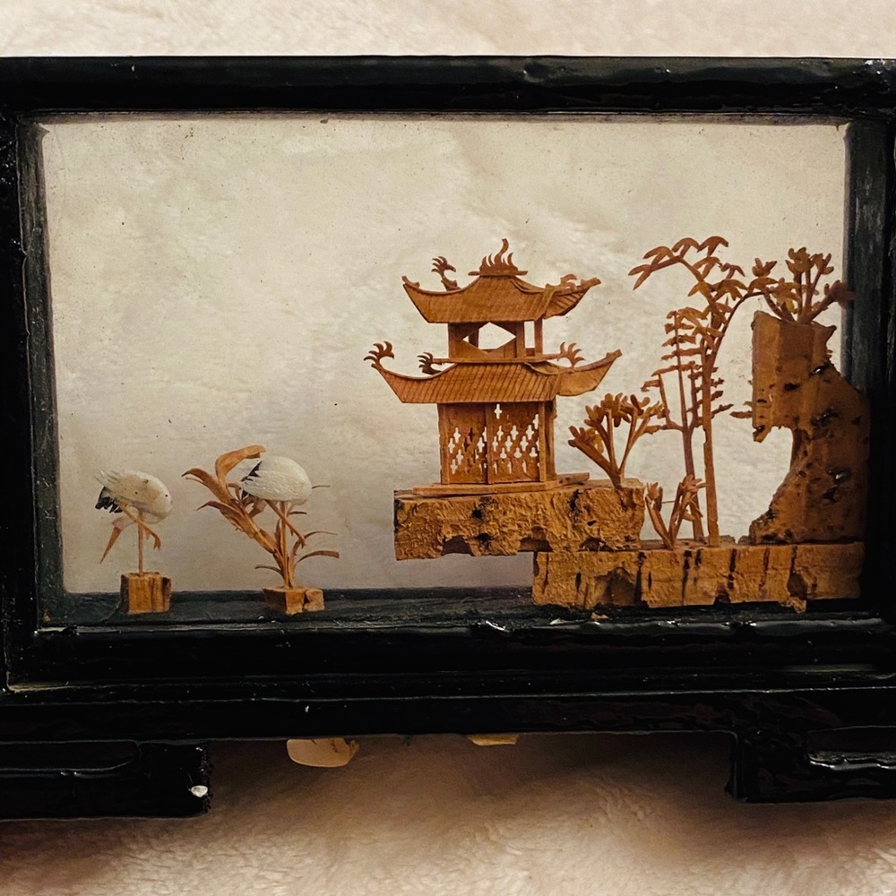 Vintage Chinese Cork Carving Diorama Shadow Box - Gem